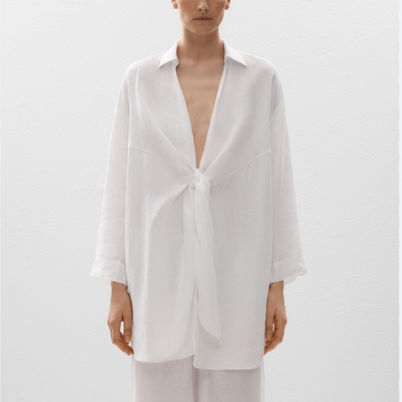 Oysho | Tops | Oysho 0 Linen Elegant White Oversized Tie Front Blouse ...